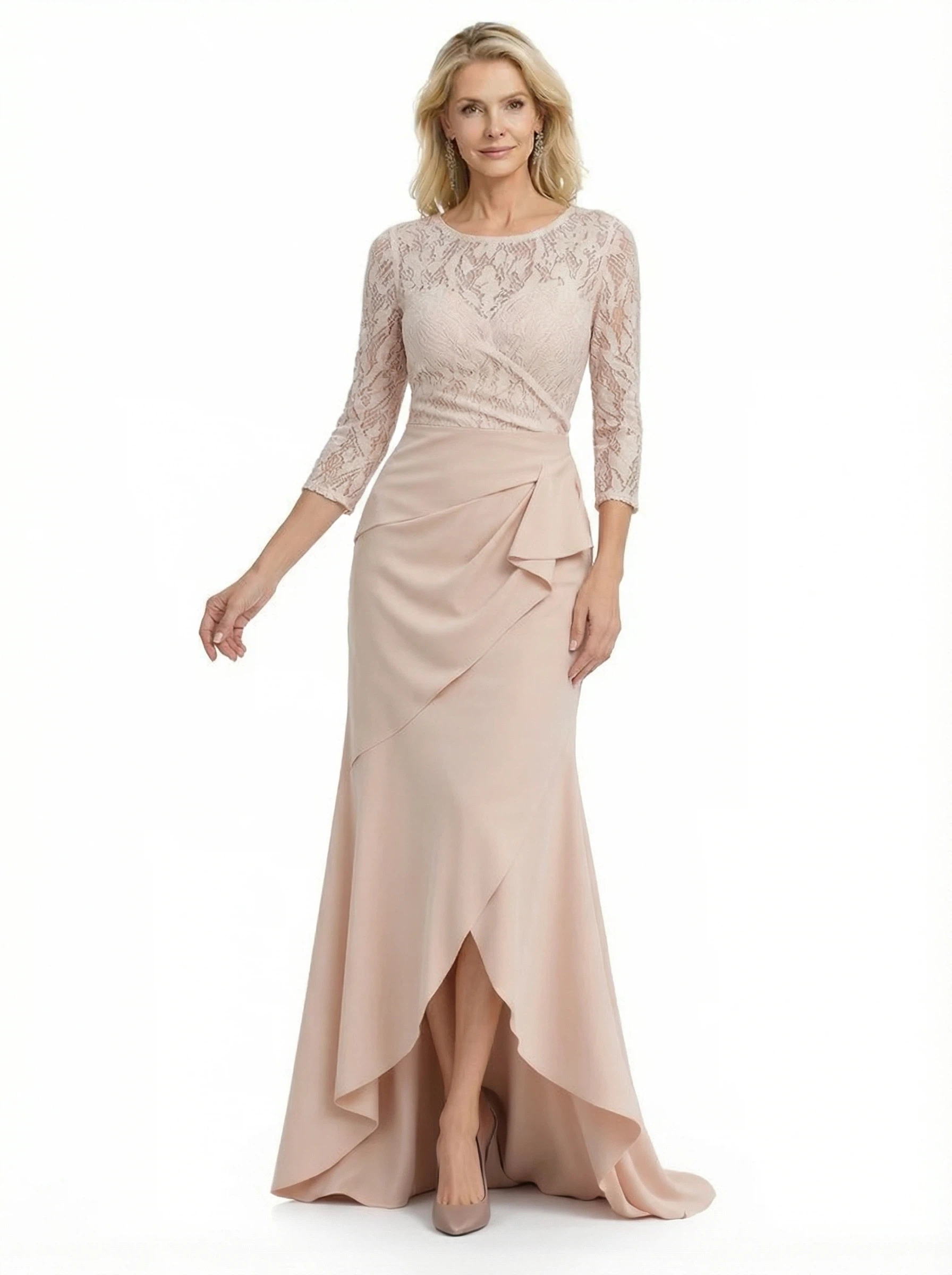 Long A-line Elegant Mother of The Bride Dress Evening Illusion Lace Ru ...